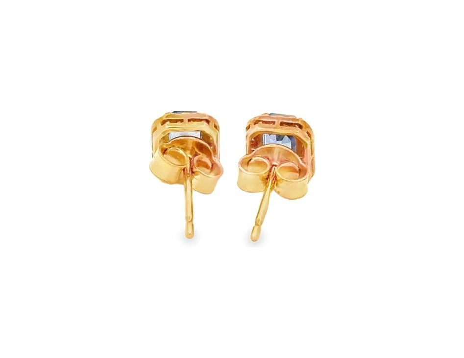 18K Yellow Gold Blue Sapphire Halo Stud Earrings with Natural Diamonds